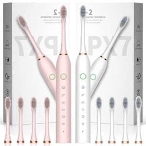 lukern 2 pack sonic electric toothbrush, 6 modes 42000vpm, toothbrush with 2 minute built-in timer and 8 brush heads,white+pink