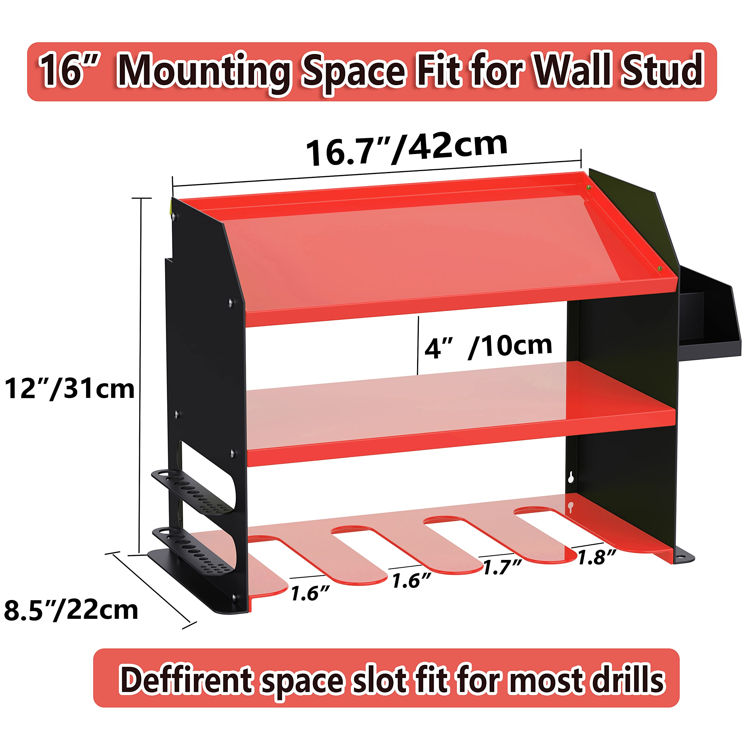 Luffioner Drill Storage Rack，Power Tool Organizer Drill Holder Wall Mount， Drill Organizer for Garage, Workshop,Drill Bit Storage Shlef, Holds 4 Drills with Screws Box (Red)