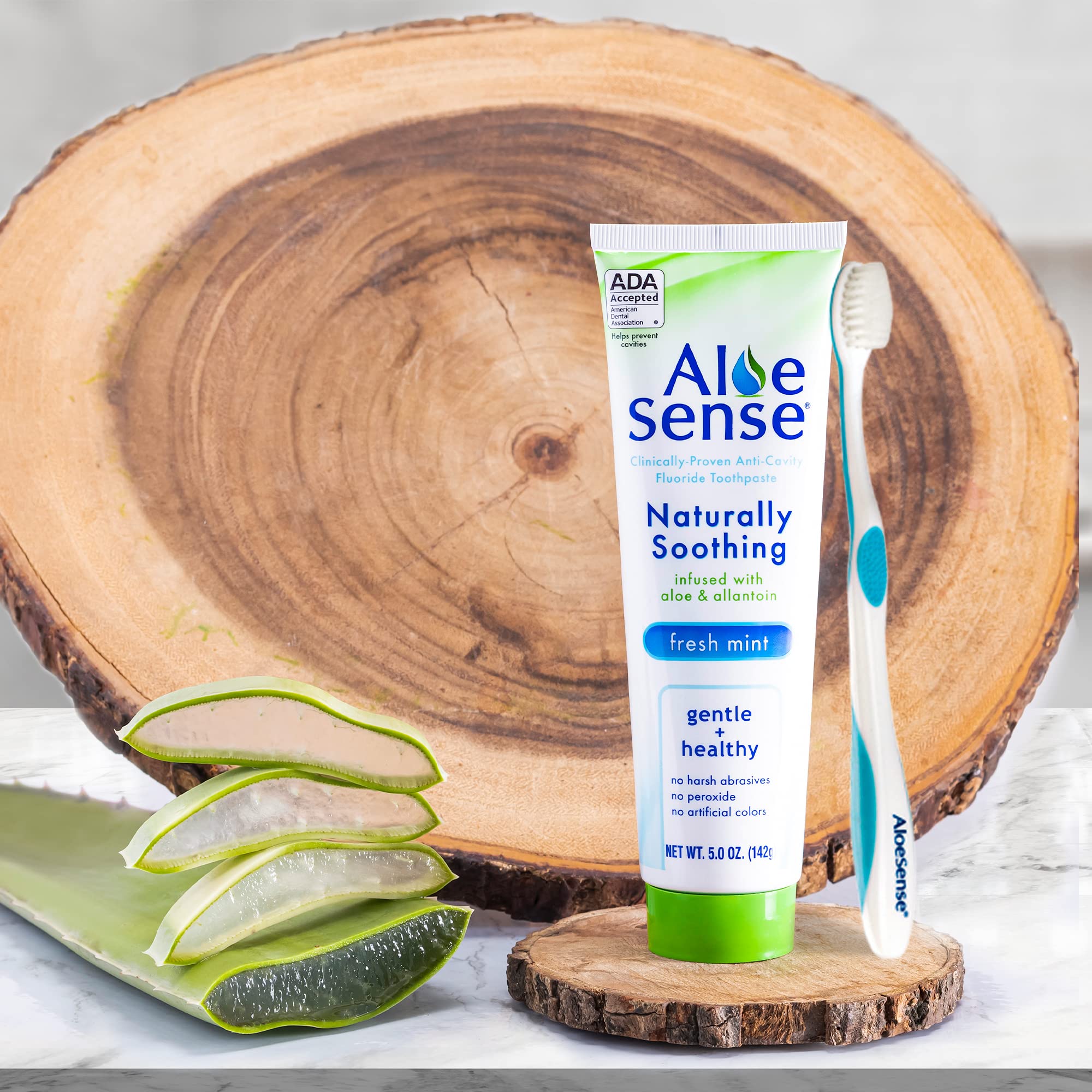 AloeSense Natural Fluoride Toothpaste and Extra Sensitive Toothbrush, ADA Approved Mint Toothpaste with Aloe Vera and Allantoin and Ultra Soft Toothbrush, 2ct Toothpaste + 1ct Toothbrush (3pcs)