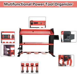 Luffioner Drill Storage Rack，Power Tool Organizer Drill Holder Wall Mount， Drill Organizer for Garage, Workshop,Drill Bit Storage Shlef, Holds 4 Drills with Screws Box (Red)