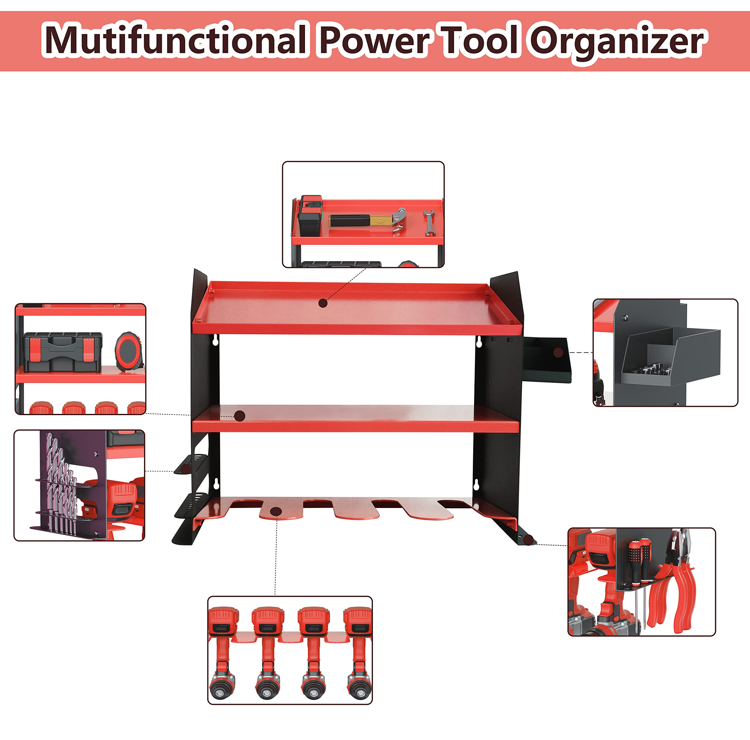 Luffioner Drill Storage Rack，Power Tool Organizer Drill Holder Wall Mount， Drill Organizer for Garage, Workshop,Drill Bit Storage Shlef, Holds 4 Drills with Screws Box (Red)