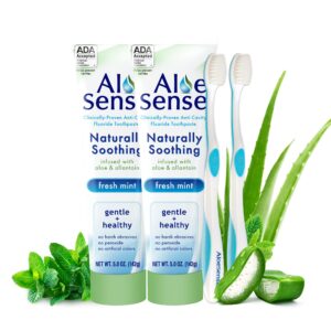 aloesense natural fluoride toothpaste and extra sensitive toothbrush, ada approved mint toothpaste with aloe vera and allantoin and ultra soft toothbrush, 2ct toothpaste + 1ct toothbrush (3pcs)