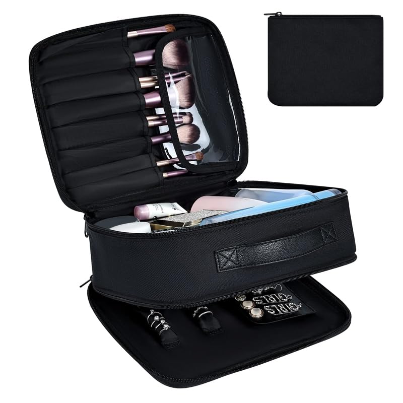 DIMJ Makeup Bag and Jewelry Bag, Makeup Organizer Bag for Women Large Cosmetic Bag Makeup Pouch, Portable Makeup Travel Bag for Necklaces Earrings Bracelets Cosmetics Skin Care Brushes.(Black)