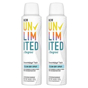 degree unlimited antiperspirant deodorant dry spray clean 2 count long-lasting sweat & odor protection with antiperspirant technology smartadapt tech 3.8 oz