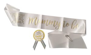 amy's bubbling boutique twinkle little star baby shower mommy sash & daddy to be pin white & gold gift set