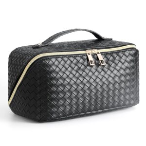 lasperal travel makeup bag large capacity cosmetic bag organizer leather waterproof portable compact skincare storage checkered pouch with handle and dividers for women girls makeup brushes (black)