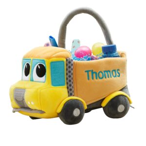 personalization universe construction truck embroidered plush personalized easter basket, baby's first easter, boys and girls, customized with any name