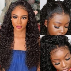 13x4 hd transparent lace front deep wave 100% human hair wig deep curly lace frontal wigs 180% density unprosessed water wave wigs pre plucked with baby hair natural color hair for black women 22inch