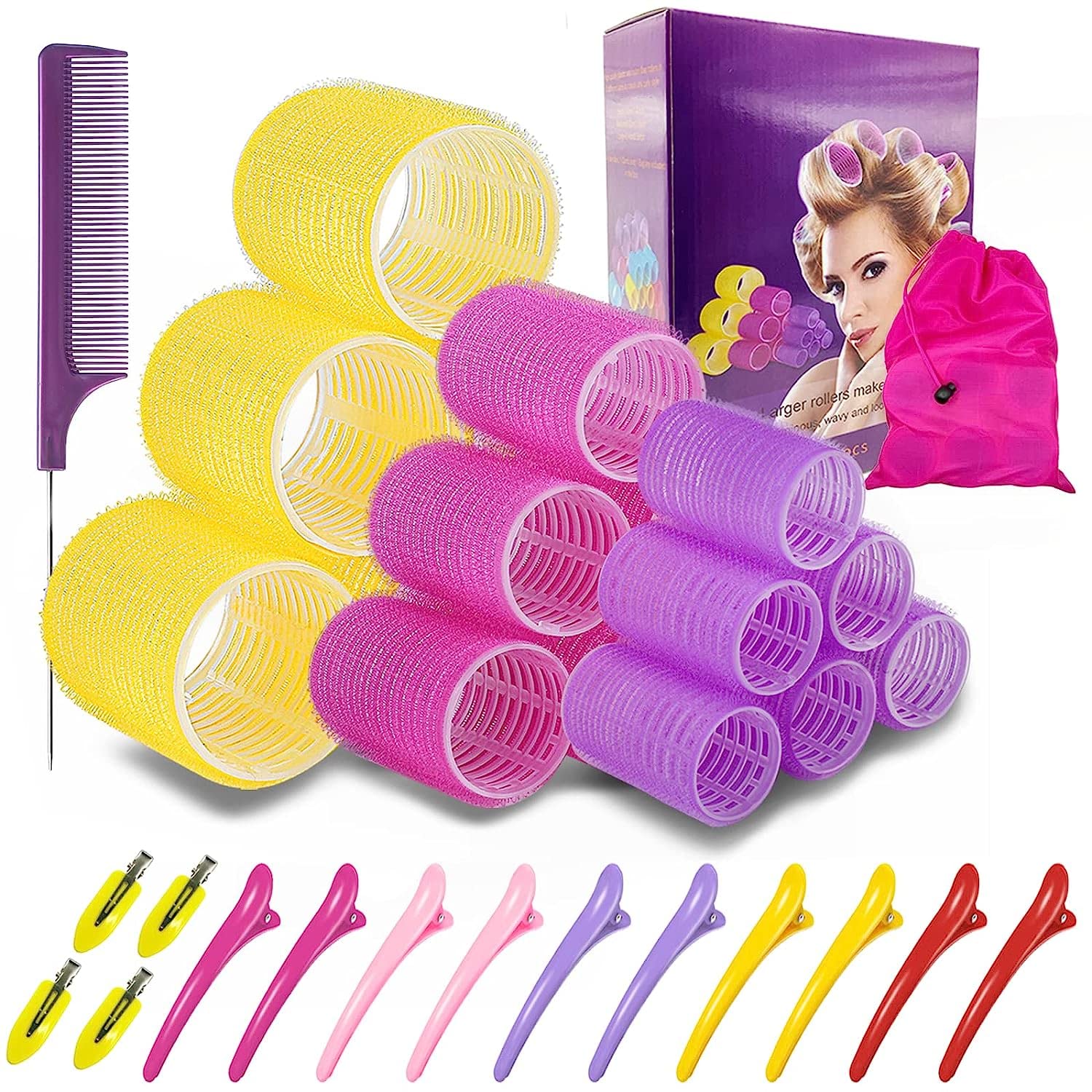 TINGIC Hair Roller Set - Jumbo Self-Grip Curlers with 3 Sizes for Long, Fine Hair, Roller Clips and Comb (34 PCS)