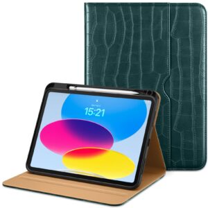 VIKESI Crocodile Case for iPad 10th Generation 2022, iPad 10.9 Inch Leather Smart Folio Cover with Pencil Holder and Hand Strap,Support Auto Sleep/Wake - Forest Green