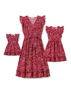 patpat mommy and me dresses floral printed bowknot ruffles sleeve dress mom daughter matching outfits baby girls 9-12 months vivid red