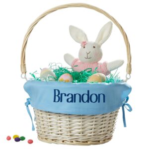 personalization universe personalized hand-woven willow easter basket with folding handle -first easter, egg hunt, vintage-inspired design, embroidered with any name - light blue