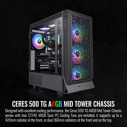 Thermaltake Ceres 500 Black Mid Tower E-ATX Computer Case with Tempered Glass Side Panel; 4 Preinstalled PWM ARGB Fans; Rotational PCIe Slots & GPU Holder; CA-1X5-00M1WN-00; 3 Years Warranty