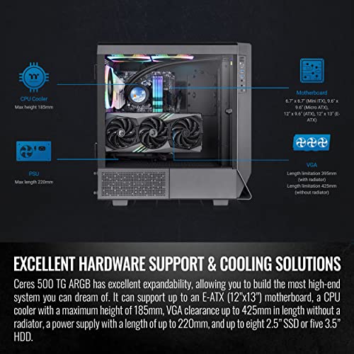 Thermaltake Ceres 500 Black Mid Tower E-ATX Computer Case with Tempered Glass Side Panel; 4 Preinstalled PWM ARGB Fans; Rotational PCIe Slots & GPU Holder; CA-1X5-00M1WN-00; 3 Years Warranty