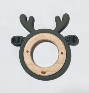 logibear animal baby teether ring for 6+ months, non-toxic bpa free food grade silicone and beech wood, baby tested for easy grip and soothing teething pain (deer, sage)