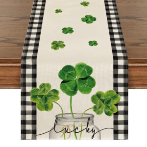 artoid mode lucky shamrock vase st. patrick's day table runner, seasonal spring buffalo plaid holiday kitchen dining table decoration for indoor outdoor home party decor 13 x 72 inch