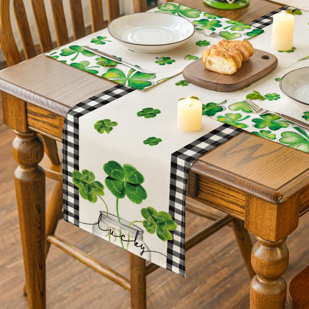 Artoid Mode Lucky Shamrock Vase St. Patrick's Day Table Runner, Seasonal Spring Buffalo Plaid Holiday Kitchen Dining Table Decoration for Indoor Outdoor Home Party Decor 13 x 72 Inch