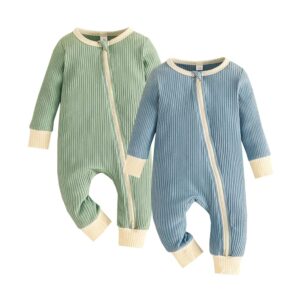 bafeicao unisex baby boy girl 2 pack rompers long sleeve two way zipper romper one piece jumpsuits clothes sets, blue+green, 3-6m