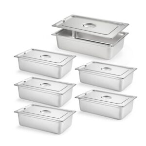 curta 6 pack anti-jam slotted hotel pans with lids, full size 6 inch deep, nsf commercial 18/8 stainless steel chafing steam table food pan with covers