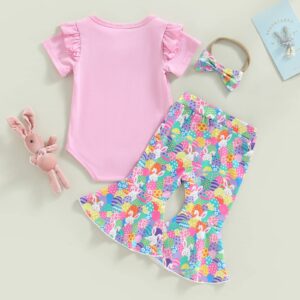 My 1st Easter Baby Girl Outfits Short Sleeve Bunny Romper Shirt Easter Egg Bell-Bottom Pants Headbands 3Pcs Sets (Pink, 0-3 Months)