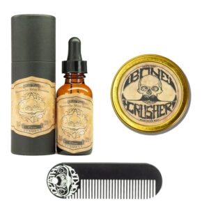 the vintage grooming co. bone crusher extra strong extra firm mustache wax, night fury wax remover oil, and comb set