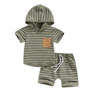 allshope toddler baby boys summer outfits stripes short sleeve hooded sweatshirt and casual elastic drawstring shorts clothes set