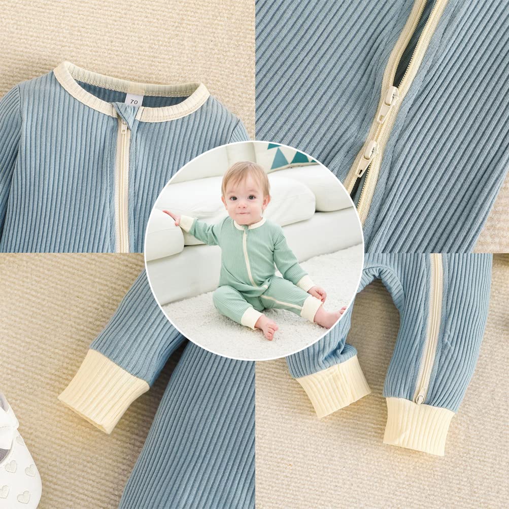 Bafeicao Unisex Baby Boy Girl 2 Pack Rompers Long Sleeve Two Way Zipper Romper One Piece Jumpsuits Clothes Sets, Blue+Green, 3-6M