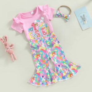 My 1st Easter Baby Girl Outfits Short Sleeve Bunny Romper Shirt Easter Egg Bell-Bottom Pants Headbands 3Pcs Sets (Pink, 0-3 Months)