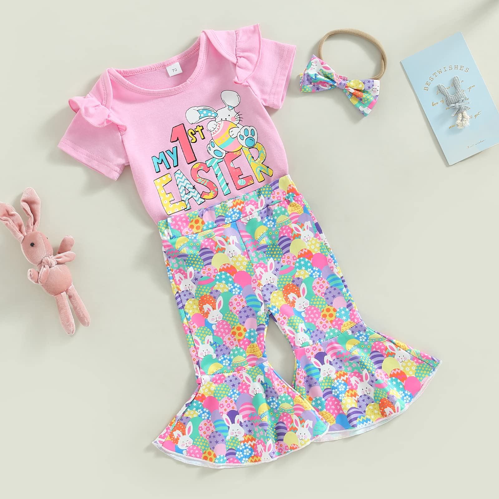 My 1st Easter Baby Girl Outfits Short Sleeve Bunny Romper Shirt Easter Egg Bell-Bottom Pants Headbands 3Pcs Sets (Pink, 0-3 Months)