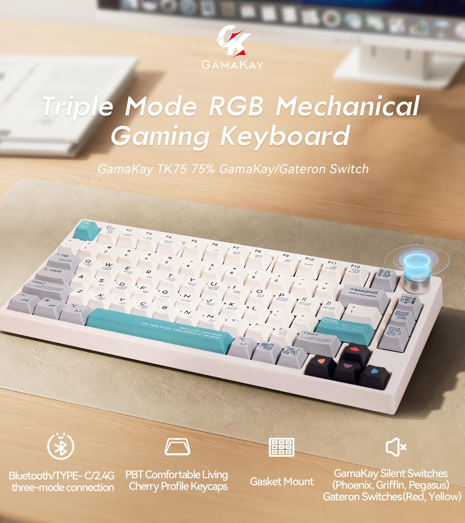 GK GAMAKAY TK75 75% Mechanical Keyboard with Knob Control, Hot Swap RGB Bluetooth 5.0/2.4GHz Wireless/USB-C Wired PBT Cherry Profile Keycaps Gaming Keyboard for Windows Mac (Gateron Red Switch)