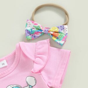 My 1st Easter Baby Girl Outfits Short Sleeve Bunny Romper Shirt Easter Egg Bell-Bottom Pants Headbands 3Pcs Sets (Pink, 0-3 Months)