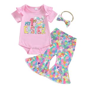 my 1st easter baby girl outfits short sleeve bunny romper shirt easter egg bell-bottom pants headbands 3pcs sets (pink, 0-3 months)