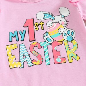 My 1st Easter Baby Girl Outfits Short Sleeve Bunny Romper Shirt Easter Egg Bell-Bottom Pants Headbands 3Pcs Sets (Pink, 0-3 Months)