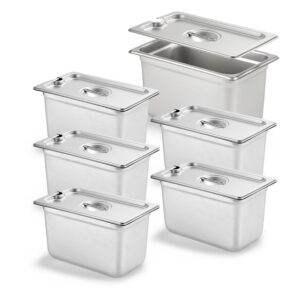 curta 6 pack anti-jam slotted hotel pans with lids, 1/4 size 2 1/2 inch deep, nsf commercial 18/8 stainless steel chafing steam table food pan with covers