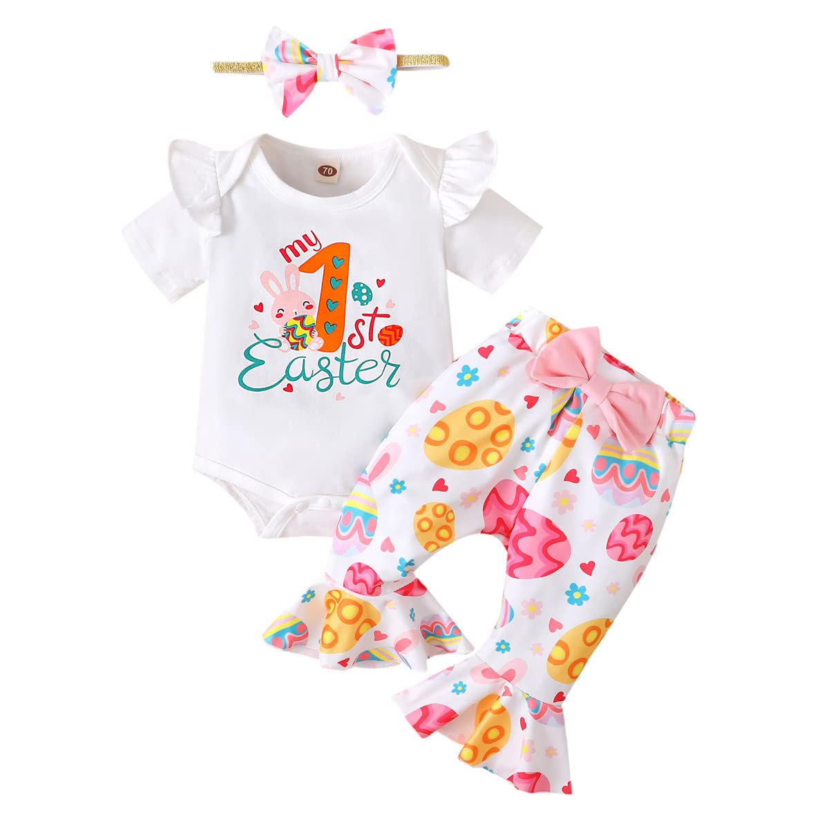 Newborn Infant Baby Girls Easter Outfits My 1st Easter Romper+Bell Bottom Pants+Headband My First Easter Outfit Set (White, 0-3 Months)