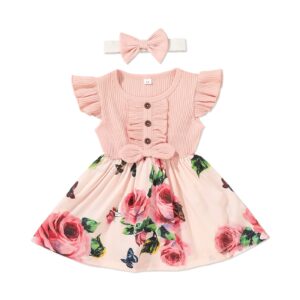 patpat baby girl dress ribbed floral print ruffle short sleeve baby dress with headband pink 6-9 months