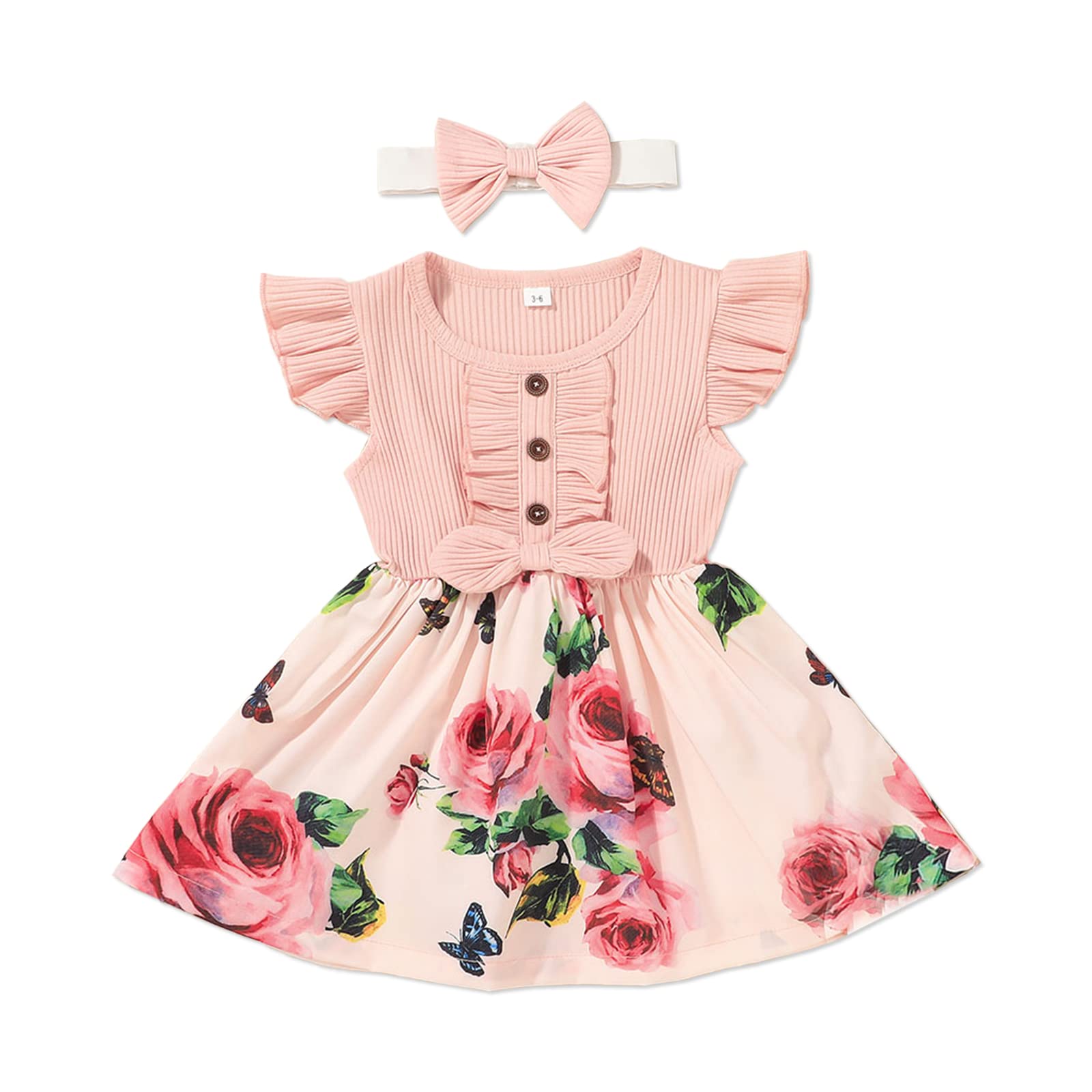 PATPAT Baby Girl Dress Ribbed Floral Print Ruffle Short Sleeve Baby Dress with Headband Pink 6-9 Months