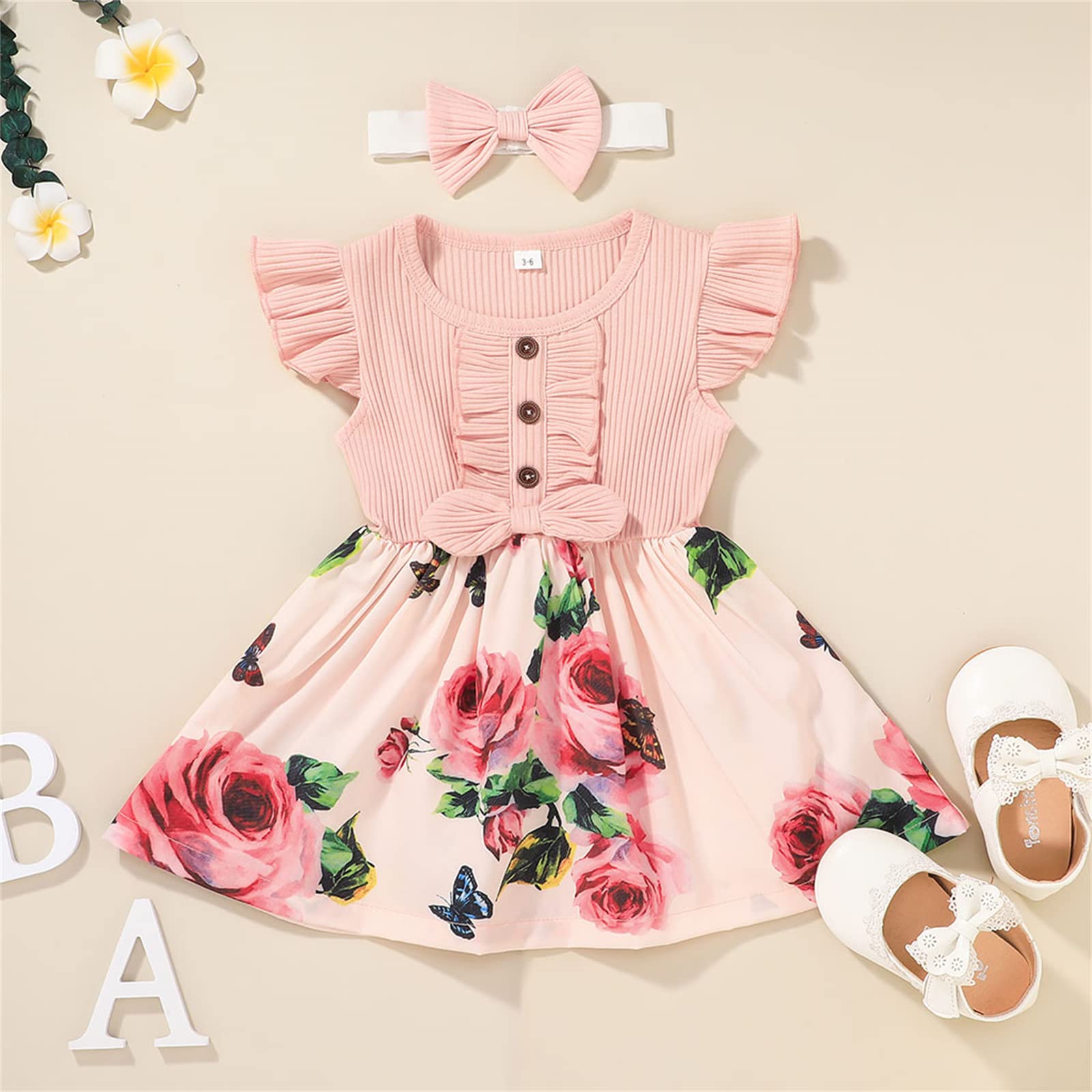 PATPAT Baby Girl Dress Ribbed Floral Print Ruffle Short Sleeve Baby Dress with Headband Pink 6-9 Months