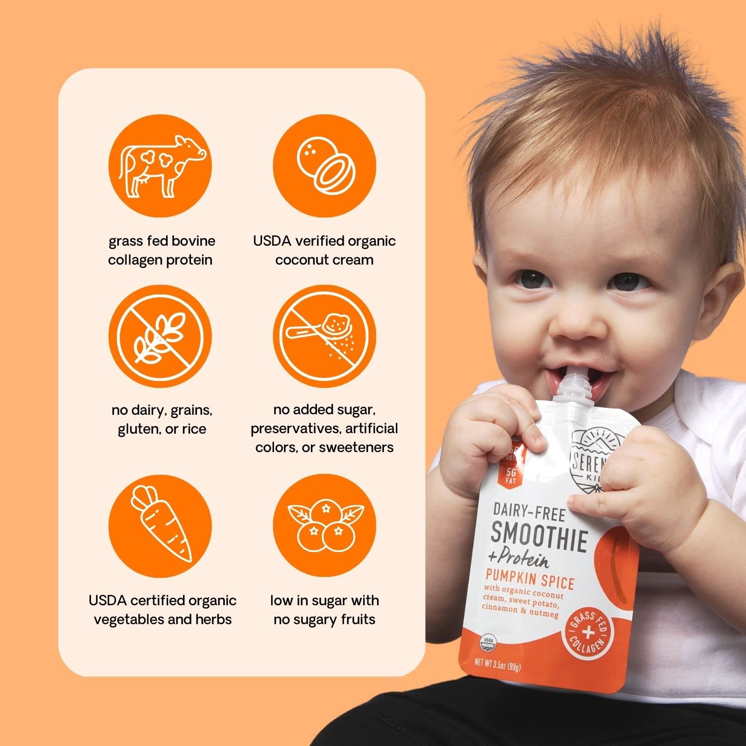 Serenity Kids 6+ Months Dairy-Free Smoothie Baby Food | USDA Organic | Grass Fed Collagen Protein | 3.5 Ounce BPA-Free Pouch | Pumpkin Spice | 6 Count