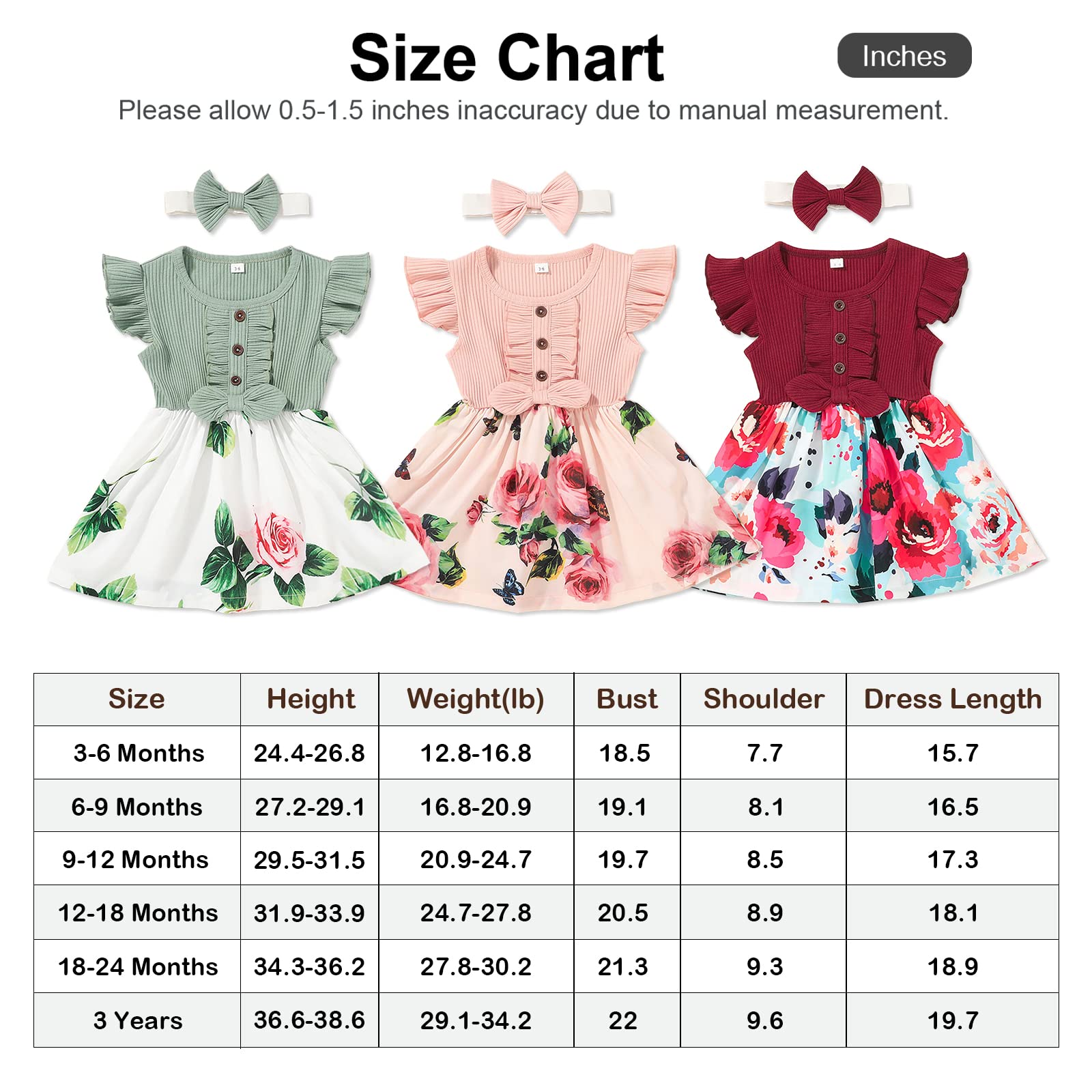 PATPAT Baby Girl Dress Ribbed Floral Print Ruffle Short Sleeve Baby Dress with Headband Pink 6-9 Months