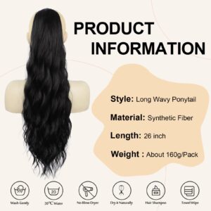 FREEMEIGE Drawstring Ponytail Extension Long Body Wavy Black Ponytail Extension for Women Synthetic Hair Ponytail Extension Clip in 26 Inch Ponytail Hairpiece for Daily Use (26Inch Natural Black)