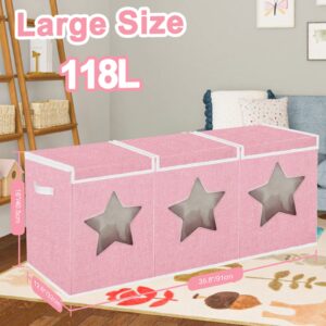 Xmasorme Toy Box for Girls,Extra Large Toy Storage Organizer Bins with Star Transparent Windows,Sturdy Handles and Mesh Bag, Foldable Storage Box for Nursery, Playroom, Bedroom(Pink)