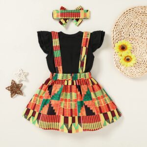 YOUNGER TREE Infant Toddler Baby Girl Summer Outfit Sunflower Strap Sets Sleeveless Romper Suspender Skirt 3pcs Clothing Sets (Dashiki Ankara, 18-24 Months)