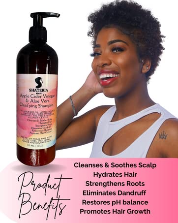 Shateria Beauty Apple Cider Vinegar & Aloe Vera Clarifying Shampoo w/Chebe Powder & Essential Oils, Vegan Stimulating Shampoo for Detox and Dandruff for All Hair Types, 16 fl oz