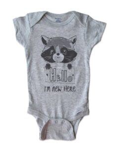 hello handmade - hello i'm new here. baby raccoon d2 - onesie birth announcement shower gift (grey, 0-3)