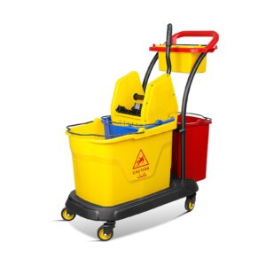 mop bucket, double bucket cleaning bucket with water filter and separator, with wheels for free movement, 35l large capacity commercial cleaning cart, ideal for public place floors (yellow)