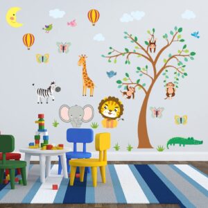 anfigure forest animal wall stickers giraffe elephant lion wall decals monkey tree wall stickers for kids girls boy baby room nursery playroom daycare bedroom kindergarten wall decor