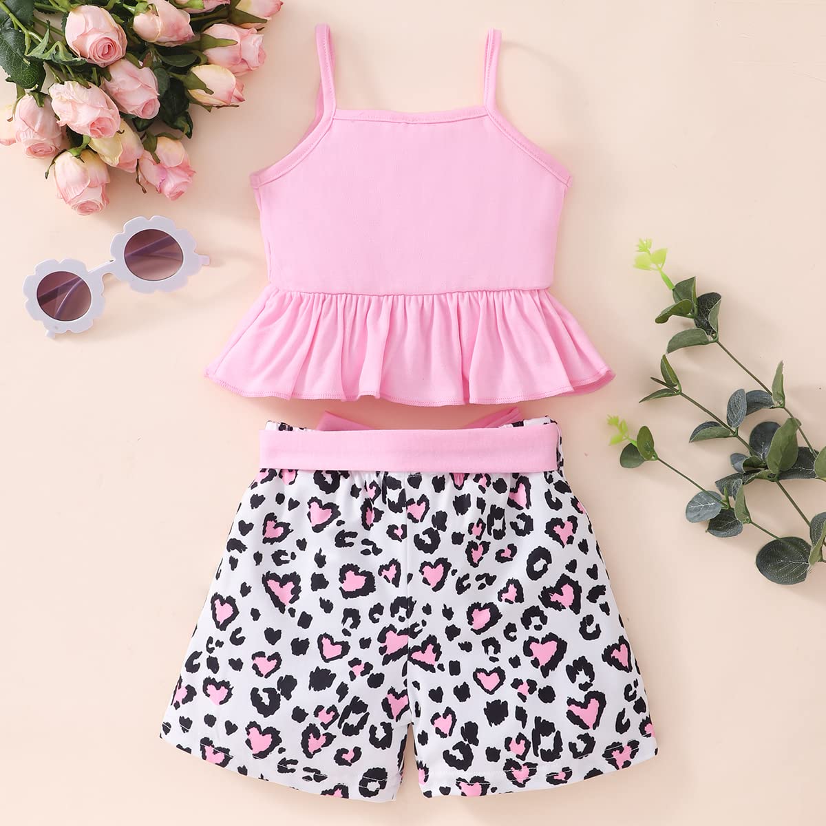 Toddler Baby Girls' Clothing Sets Leopard Valentine's Day Summer Outfits Pink Top Girl Cheetah Heart Print Short Animal Vacation Clothes 3T (682)