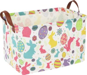 clocor easter basket empty,waterproof kids eggs basket with colorful eggs-pattern,rectangular easter gift basket with handles for boys and girls,toys storage bin,baby room decor(easter eggs basket)