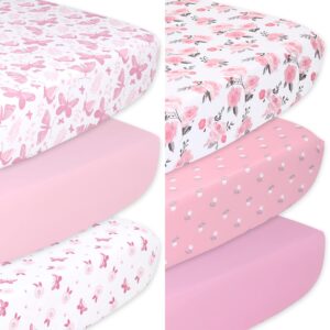 the peanutshell pink butterfly and floral fitted crib sheets for girls, 6 pack